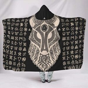 festhad norse viking fenrir wolf valknut dragon knot totem print hooded blankets cozy cuddly warm winter fleece hood poncho cloak cape for women men child snuggling sofa bedding white 60x80 inch