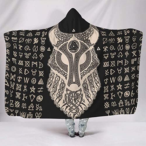 Festhad Norse Viking Fenrir Wolf Valknut Dragon Knot Totem Print Hooded Blankets Cozy Cuddly Warm Winter Fleece Hood Poncho Cloak Cape for Women Men Child Snuggling Sofa Bedding White 60x80 inch