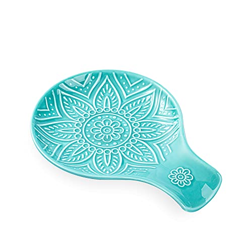 MIKIGEY Ceramic Spoon Rest, 7.48 Inches Spoon Holder for Kitchen Counter, Kitchen Accessories, Dishwasher Safe, Turquoise