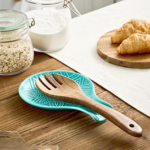 MIKIGEY Ceramic Spoon Rest, 7.48 Inches Spoon Holder for Kitchen Counter, Kitchen Accessories, Dishwasher Safe, Turquoise