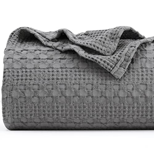 PHF 100% Cotton Waffle Weave Blanket Queen Size - Washed Soft Lightweight Blanket for All Season - Breathable and Skin-Friendly Blanket for Couch Bed Sofa 90"x90" - Charcoal/Dark Grey