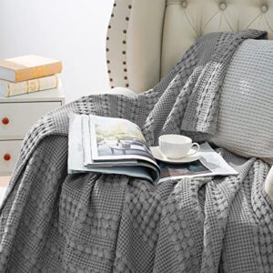 PHF 100% Cotton Waffle Weave Blanket Queen Size - Washed Soft Lightweight Blanket for All Season - Breathable and Skin-Friendly Blanket for Couch Bed Sofa 90"x90" - Charcoal/Dark Grey