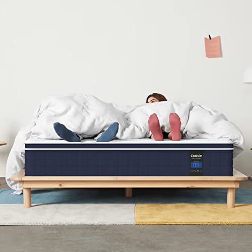 Coolvie 12 Inch Queen Mattress, Hybrid Queen Mattress in a Box, Pocket Springs with Soft Knitted Fabric Cover for a Cool Sleep & Pressure Relief, Medium Firm Feel with Motion Isolation