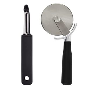 gorilla grip swivel vegetable peeler and pizza cutter wheel, peeler is dishwasher safe,pizza cutter is rust resistant, both in black color, 2 item bundle