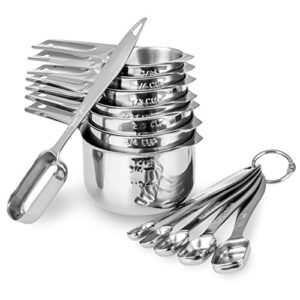 13-piece measuring cups and spoons set, 18/8 stainless steel heavy duty ergonomic handle with ring connector, silver