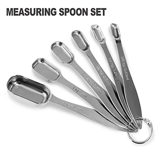 13-piece Measuring Cups and Spoons Set, 18/8 Stainless Steel Heavy Duty Ergonomic Handle with Ring Connector, Silver