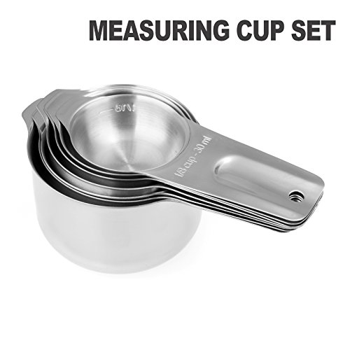 13-piece Measuring Cups and Spoons Set, 18/8 Stainless Steel Heavy Duty Ergonomic Handle with Ring Connector, Silver