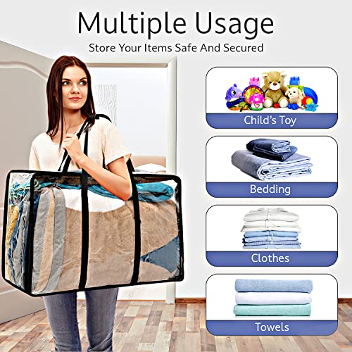 Tidy Zebra Set of 4 Large Storage Bag Organizers with Strong Handles & Zipper, Clear Storage Bins for Clothes, Bedding, Closet, Bedroom & Under Bed Storage, Great for Collage & Home Organization