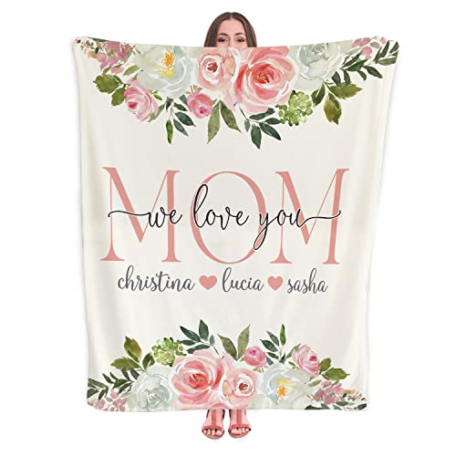 Lily's Atelier Personalized Mom Blanket with Names - 9 Floral Designs, 40 X 60 - Mom We Love You Custom Throw Blanket - Gifts for Mom from Daughter, Son, Birthday Gifts for Mom, Grandma