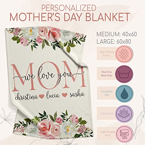 Lily's Atelier Personalized Mom Blanket with Names - 9 Floral Designs, 40 X 60 - Mom We Love You Custom Throw Blanket - Gifts for Mom from Daughter, Son, Birthday Gifts for Mom, Grandma