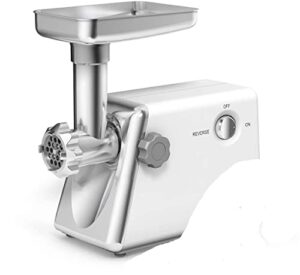 meat grinder attachments with feed tray, chute, and blade, silver, 15x7