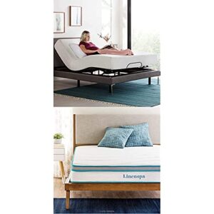 linenspa adjustable bed base-motorized head and foot incline 8 inch memory foam and innerspring hybrid medium-firm feel mattress, full