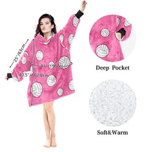 Volleyball on Pink Sherpa Wearable Blanket Cozy Fleece Hoodie with Large Pocket for Women Mom Adults