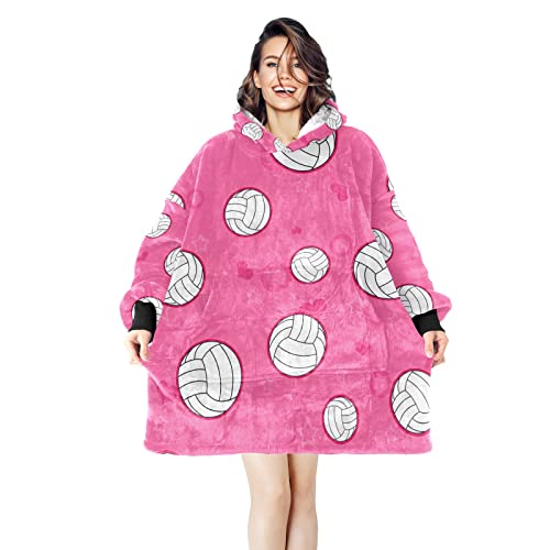 Volleyball on Pink Sherpa Wearable Blanket Cozy Fleece Hoodie with Large Pocket for Women Mom Adults