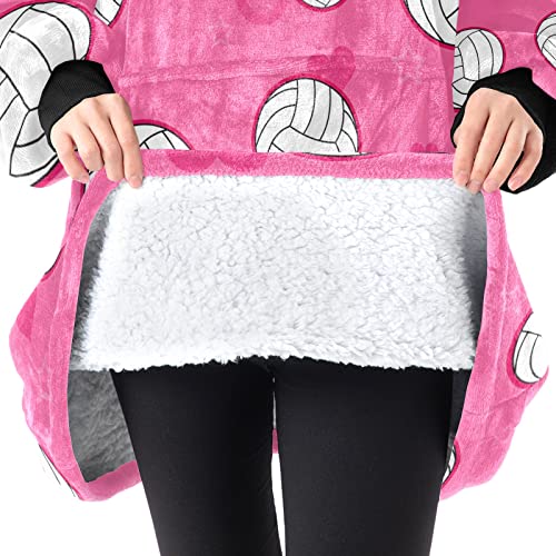 Volleyball on Pink Sherpa Wearable Blanket Cozy Fleece Hoodie with Large Pocket for Women Mom Adults