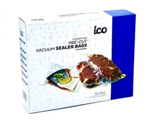 ico clear vacuum bags for foodsaver, quart size bags, 50 count (vacuum freezer storage bags) certified bpa and phthalate free