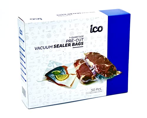 ICO Clear Vacuum Bags for FoodSaver, Quart size bags, 50 count (Vacuum Freezer Storage Bags) Certified BPA and Phthalate free