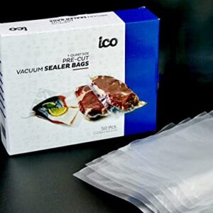 ICO Clear Vacuum Bags for FoodSaver, Quart size bags, 50 count (Vacuum Freezer Storage Bags) Certified BPA and Phthalate free