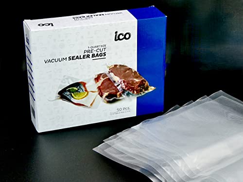 ICO Clear Vacuum Bags for FoodSaver, Quart size bags, 50 count (Vacuum Freezer Storage Bags) Certified BPA and Phthalate free