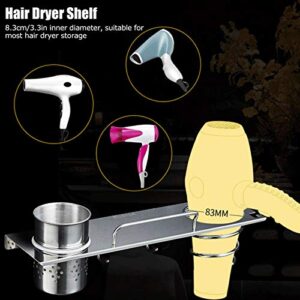 Stainless Steel Multifunctional Hair Dryer Rack with Storage Cup Wall Mounted Hair Dryer Storage Organizer Rack Holder Hanger for Bathroom Salon Stylist Tool Silver