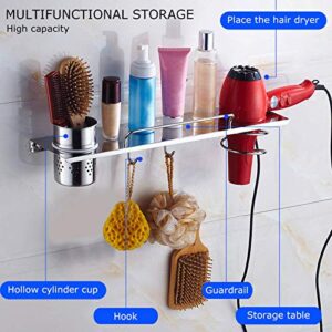 Stainless Steel Multifunctional Hair Dryer Rack with Storage Cup Wall Mounted Hair Dryer Storage Organizer Rack Holder Hanger for Bathroom Salon Stylist Tool Silver