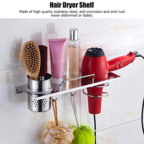 Stainless Steel Multifunctional Hair Dryer Rack with Storage Cup Wall Mounted Hair Dryer Storage Organizer Rack Holder Hanger for Bathroom Salon Stylist Tool Silver