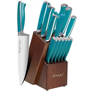 emojoy knife set, 15-piece kitchen knife set with block wooden, lake blue handle for chef knife set, kitchen knives sharpener and scissors german stainless steel