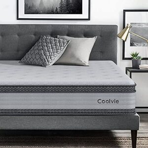 queen mattress, coolvie 10 inch hybrid mattress with individually pocket coils and dual layer cool comfy memory foam, hybrid innerspring mattress in a box, cushioning euro top design, medium firm