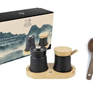 Peugeot Bali Black Cast-Iron Pepper Mill & Salt Cellar With Wooden Tray Gift Boxed- With Wooden Spice Scoop