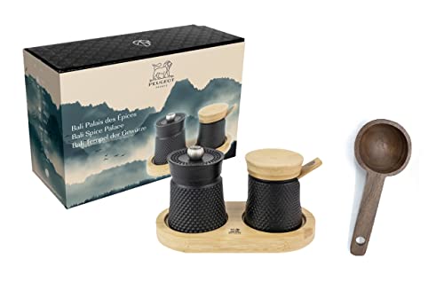 Peugeot Bali Black Cast-Iron Pepper Mill & Salt Cellar With Wooden Tray Gift Boxed- With Wooden Spice Scoop