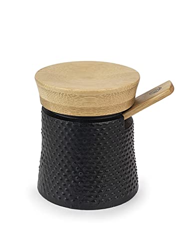 Peugeot Bali Black Cast-Iron Pepper Mill & Salt Cellar With Wooden Tray Gift Boxed- With Wooden Spice Scoop