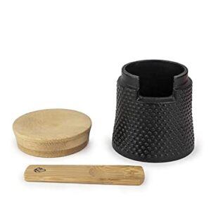 Peugeot Bali Black Cast-Iron Pepper Mill & Salt Cellar With Wooden Tray Gift Boxed- With Wooden Spice Scoop