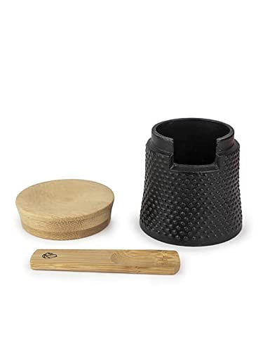 Peugeot Bali Black Cast-Iron Pepper Mill & Salt Cellar With Wooden Tray Gift Boxed- With Wooden Spice Scoop