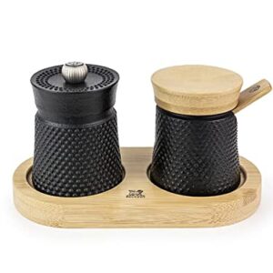 Peugeot Bali Black Cast-Iron Pepper Mill & Salt Cellar With Wooden Tray Gift Boxed- With Wooden Spice Scoop