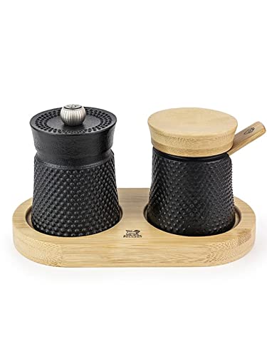 Peugeot Bali Black Cast-Iron Pepper Mill & Salt Cellar With Wooden Tray Gift Boxed- With Wooden Spice Scoop