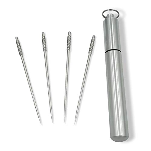 4 Pieces Titanium Toothpicks Set With Stainless Toothpick Holder for Keychain-Portable Outdoor Non-Toxic Reusable Toothpicks- Ideal for Camping, Fruit Picks,Pill Container- Great Christmas Giveaways