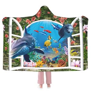 hooded blanket underwater dolphin with flowers window flannel wearable throw cape robe wrap fleece warm air-conditioning quilt 60"x50"