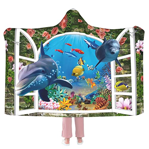 Hooded Blanket Underwater Dolphin With Flowers Window Flannel Wearable Throw Cape Robe Wrap Fleece Warm Air-Conditioning Quilt 60"X50"