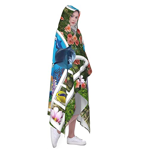 Hooded Blanket Underwater Dolphin With Flowers Window Flannel Wearable Throw Cape Robe Wrap Fleece Warm Air-Conditioning Quilt 60"X50"