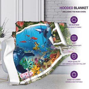 Hooded Blanket Underwater Dolphin With Flowers Window Flannel Wearable Throw Cape Robe Wrap Fleece Warm Air-Conditioning Quilt 60"X50"