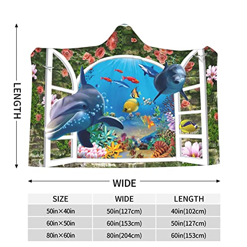 Hooded Blanket Underwater Dolphin With Flowers Window Flannel Wearable Throw Cape Robe Wrap Fleece Warm Air-Conditioning Quilt 60"X50"