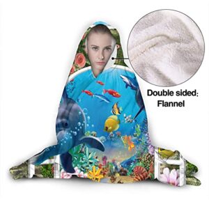 Hooded Blanket Underwater Dolphin With Flowers Window Flannel Wearable Throw Cape Robe Wrap Fleece Warm Air-Conditioning Quilt 60"X50"