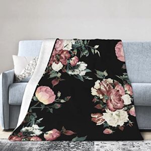 ruoruo vintage pink and cream dark floral fleece blanket throw lightweight blanket super soft cozy bed warm blanket for living room/bedroom all season,gift,60"x50"