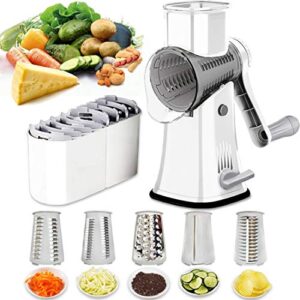 rotary cheese grater shredder 5-in-1 tumbling box mandoline vegetable julienne slicer waffle cutter nut chopper with handle and strong suction base