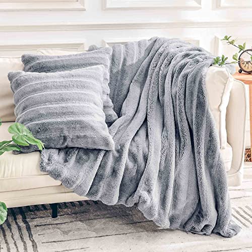 NEXHOME PRO Faux Fur Throw Blanket+2 Pillow Covers Set, Luxury Soft Rabbit Warm Fuzzy Cozy Fluffy Feel Fleece Blankets for Women 50"X60"+2X18 X18,Comfy Ruched Blanket for Sofa Couch Bed DÉcor Grey