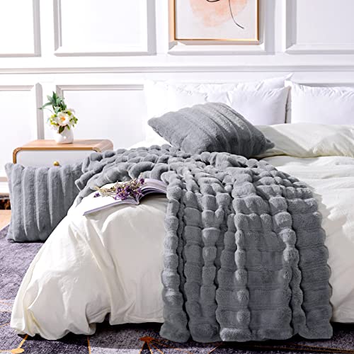 NEXHOME PRO Faux Fur Throw Blanket+2 Pillow Covers Set, Luxury Soft Rabbit Warm Fuzzy Cozy Fluffy Feel Fleece Blankets for Women 50"X60"+2X18 X18,Comfy Ruched Blanket for Sofa Couch Bed DÉcor Grey