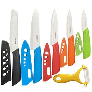 ceramic knife set ceramic knives set for kitchen ceramic kitchen knives colored w sheath 6" bread knife 6" chef knife 5" utility knife 4" fruit knife 3" paring knife 1 peeler colorful rust free proof