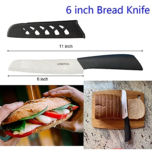 Ceramic Knife Set Ceramic Knives Set for Kitchen Ceramic Kitchen Knives Colored w Sheath 6" Bread Knife 6" Chef Knife 5" Utility Knife 4" Fruit Knife 3" Paring Knife 1 Peeler Colorful Rust Free Proof