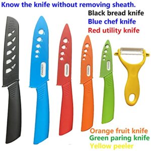 Ceramic Knife Set Ceramic Knives Set for Kitchen Ceramic Kitchen Knives Colored w Sheath 6" Bread Knife 6" Chef Knife 5" Utility Knife 4" Fruit Knife 3" Paring Knife 1 Peeler Colorful Rust Free Proof