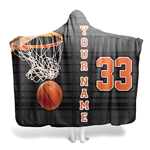 Personalized Amazing Basketball Hoop Hooded Blanket with Name, Fuzzy Hooded Basketball Blanket, Plush Basketball (50x40, 60x50, 80x60) Wearable Hooded Blanket Soft Warm, Gifts for Basketball Lovers